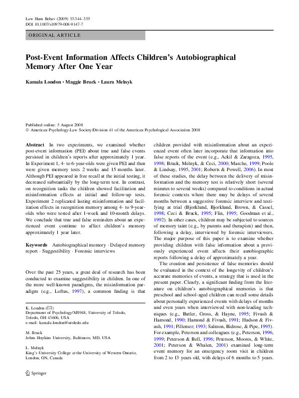 (PDF) Post-Event Information Affects Children's Autobiographical Memory ...