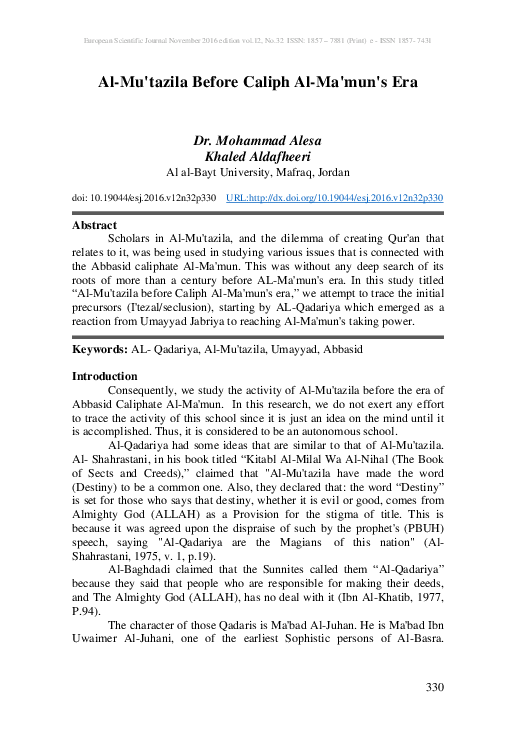 (PDF) Al-Mu'tazila Before Caliph Al-Ma'mun's Era