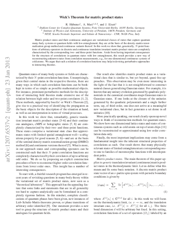 (PDF) Wick's theorem for matrix product states