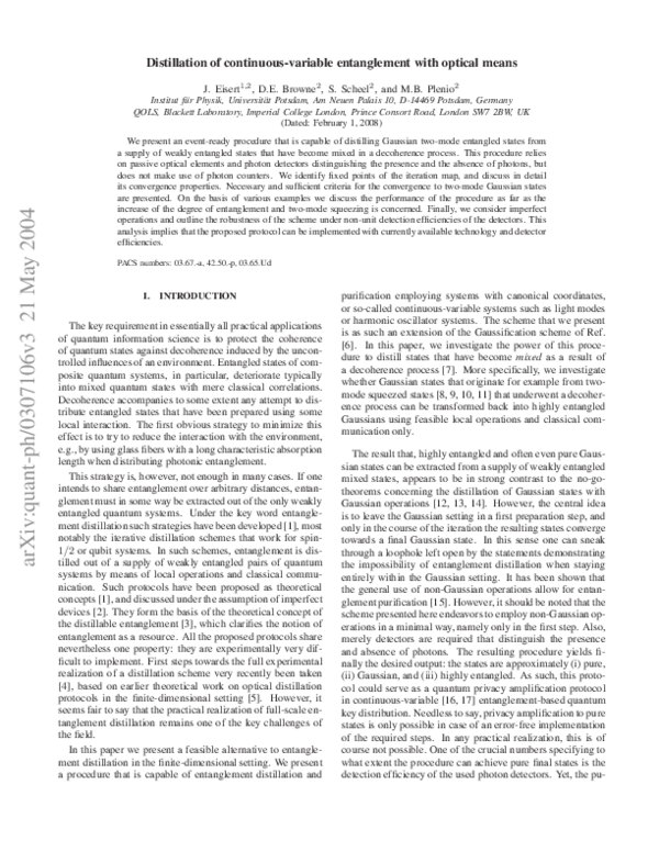 Pdf Distillation Of Continuous Variable Entanglement With Optical Means