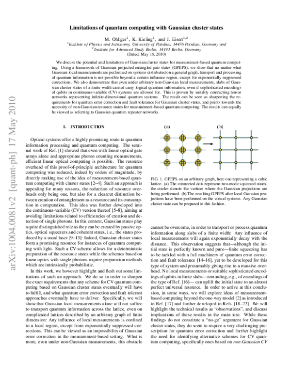 Pdf Limitations Of Quantum Computing With Gaussian Cluster States