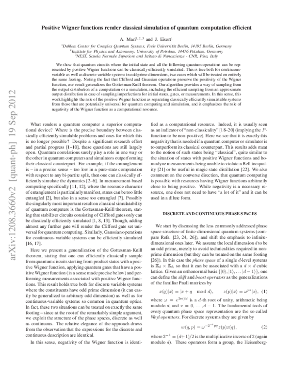 (PDF) Positive Wigner functions render classical simulation of quantum computation efficient