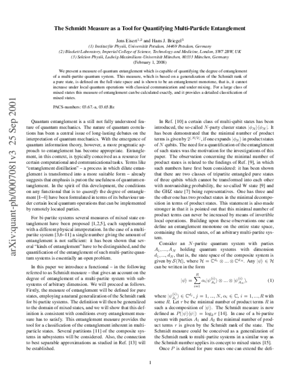 (PDF) The Schmidt Measure as a Tool for Quantifying Multi-Particle Entanglement