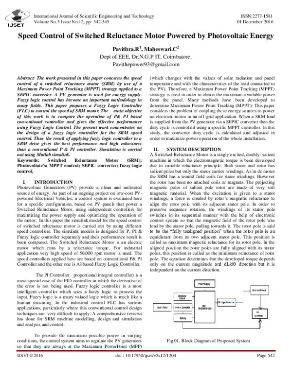 Pdf Speed Control Of Switched Reluctance Motor Powered By Photovoltaic Energy