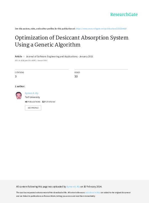 (PDF) Optimization of Desiccant Absorption System Using a Genetic Algorithm | Prof. Ayman A Aly ...