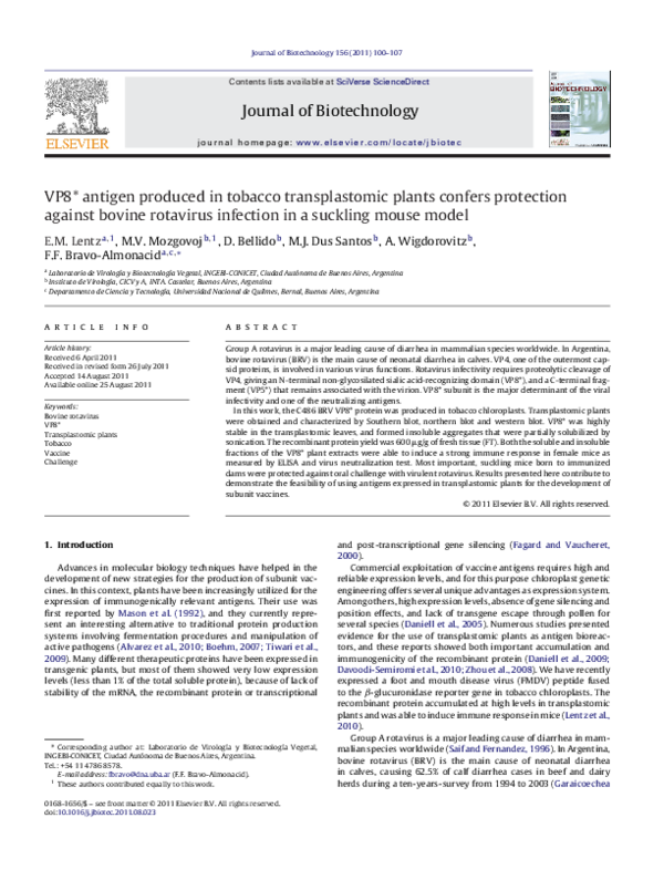 (PDF) VP8* antigen produced in tobacco transplastomic plants confers ...