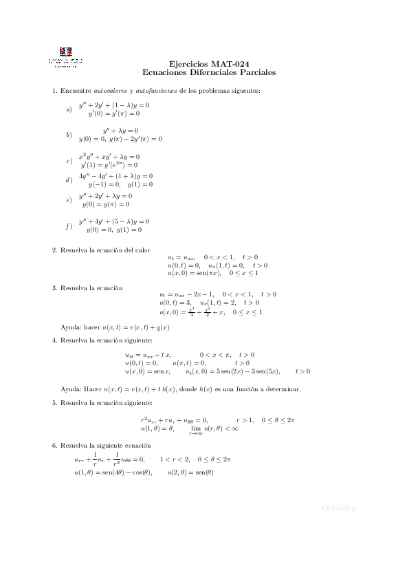 (PDF) Ejercicios MAT-024 Ecuaciones Difernciales Parciales