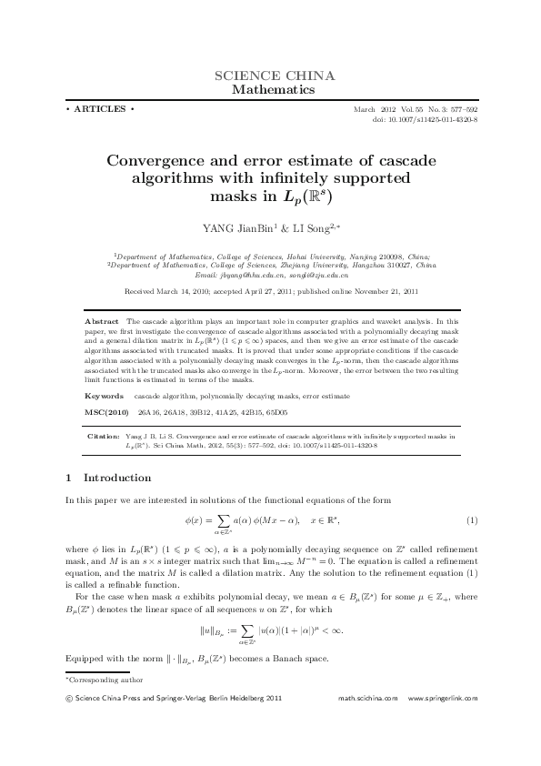 (PDF) Convergence and Error Estimation of Cascade Algorithms in Lp