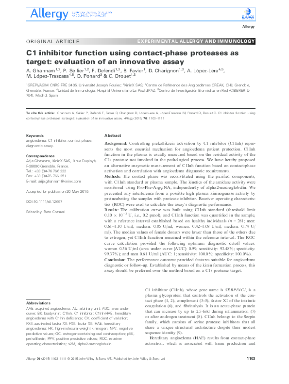 (PDF) C1 inhibitor function using contact-phase proteases as target ...