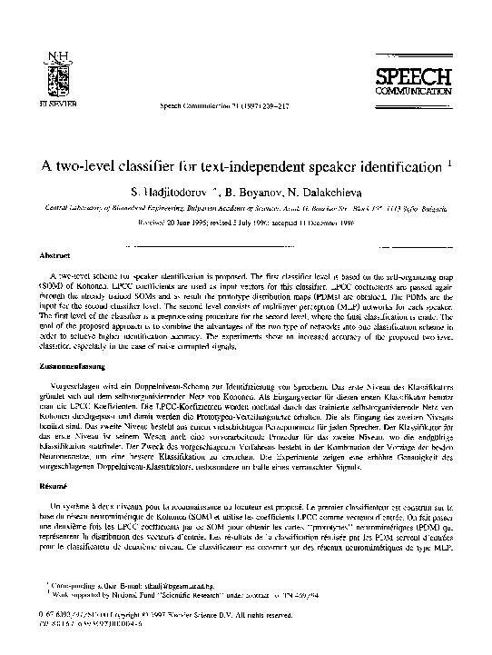Pdf A Two Level Classifier For Text Independent Speaker Identification