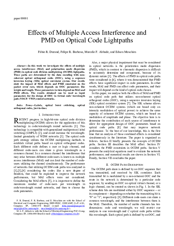(PDF) Effects of multiple access interference and PMD on optical code lightpaths | Edson Moschim ...