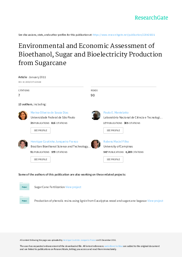 (PDF) Environmental and Economic Assessment of Bioethanol, Sugar and Bioelectricity Production ...
