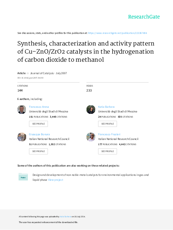 (PDF) Synthesis, characterization and activity pattern of Cu–ZnO/ZrO 2 catalysts in the ...