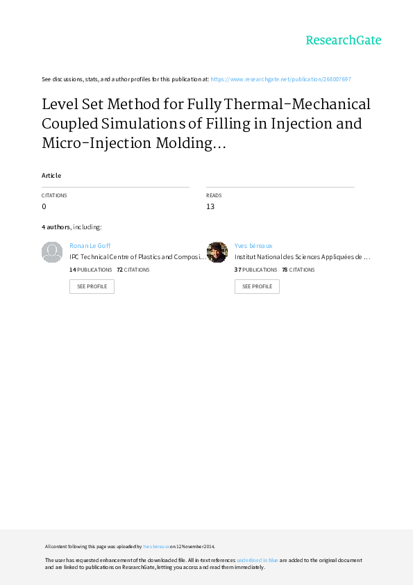 (PDF) Level Set Method for Fully Thermal-Mechanical Coupled Simulations of Filling in Injection ...