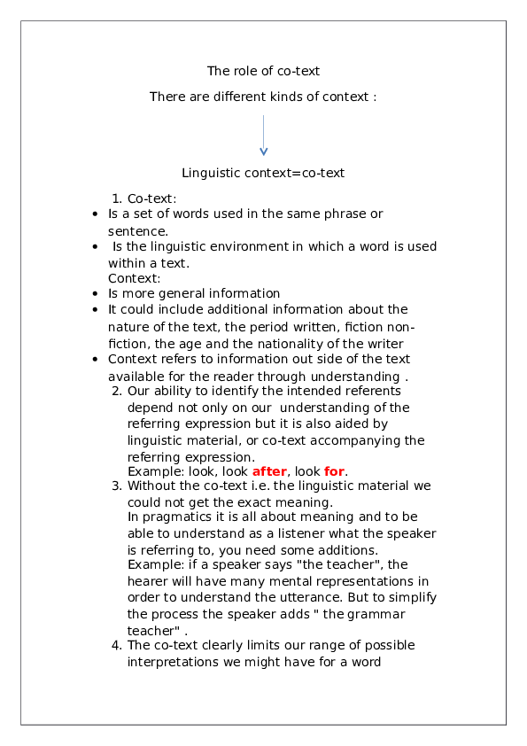 (DOC) The role of co-text There are different kinds of context : Linguistic context=co-text