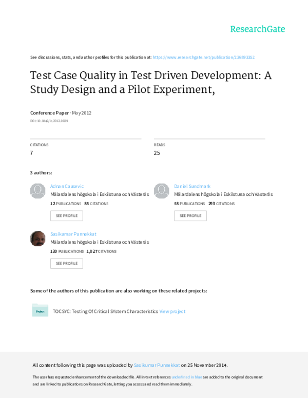 (PDF) Test case quality in test driven development: A study design and ...