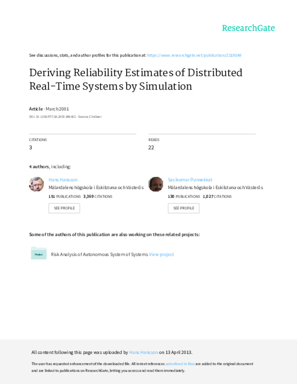 Pdf Deriving Reliability Estimates Of Distributed Real Time Systems