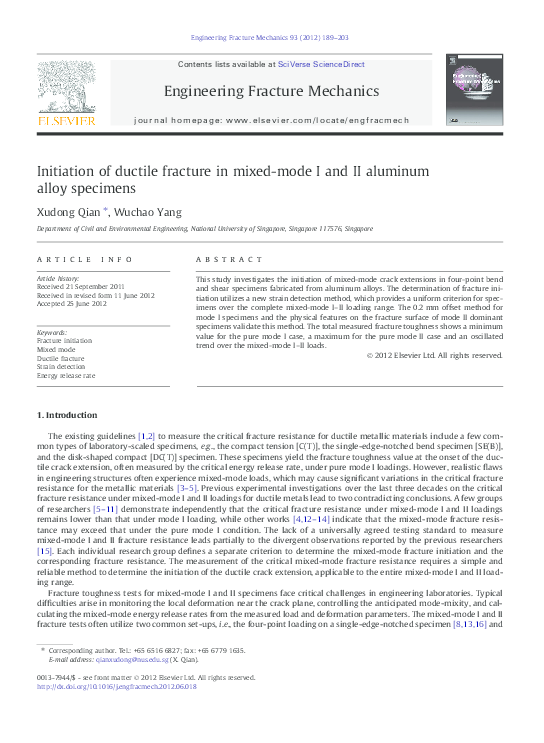 Pdf Initiation Of Ductile Fracture In Mixed Mode I And Ii Aluminium