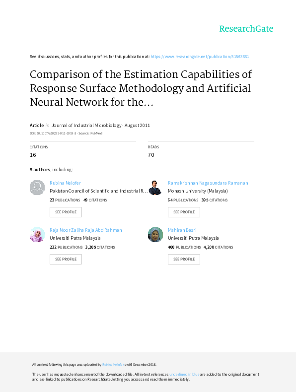 (PDF) Comparison of the estimation capabilities of response surface methodology and artificial ...