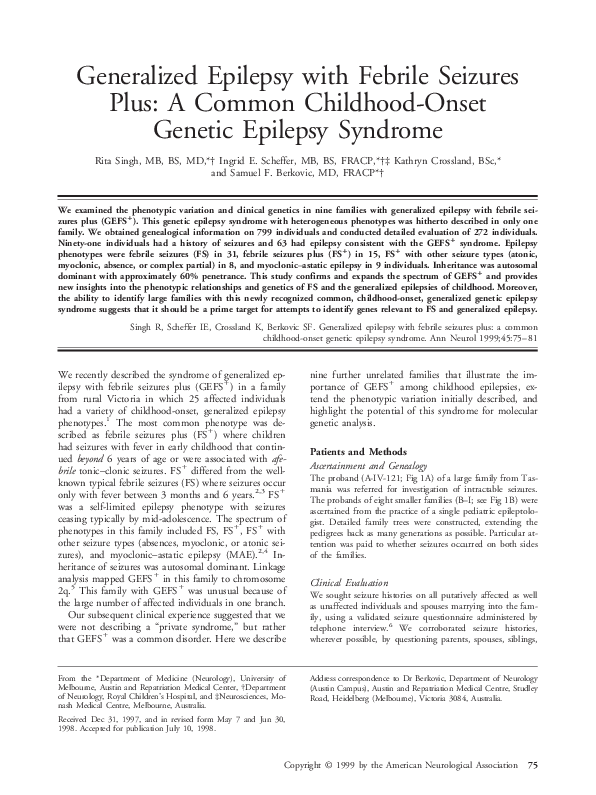 (PDF) Generalized epilepsy with febrile seizures plus: A common ...