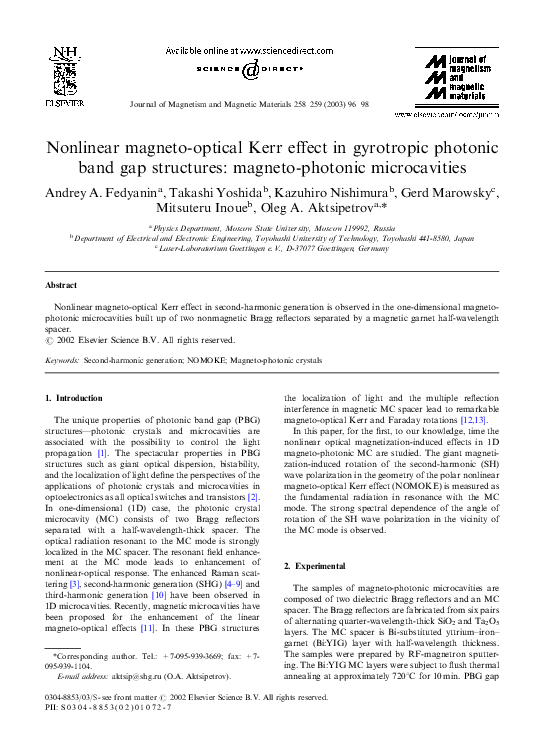 (PDF) Nonlinear magneto-optical Kerr effect in gyrotropic photonic band gap structures: magneto ...