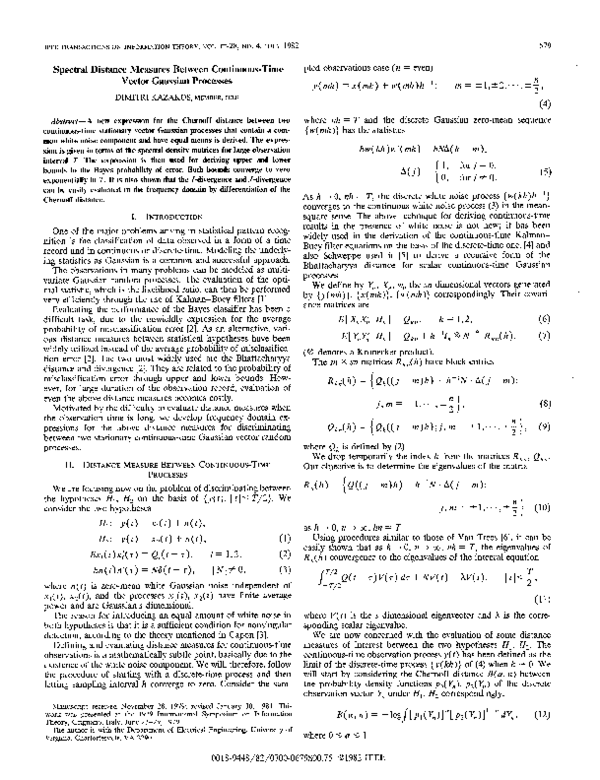 Pdf Spectral Distance Measures Between Continuous Time Vector Gaussian Processes Corresp