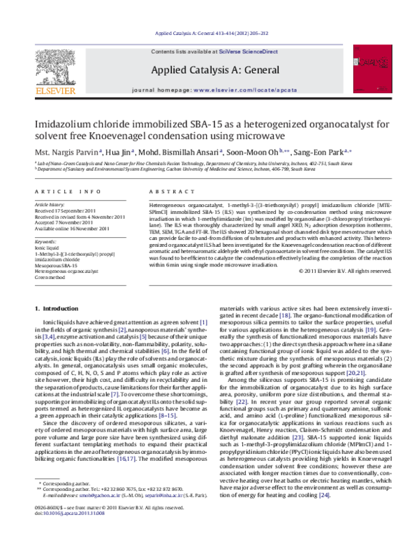 (PDF) Imidazolium chloride immobilized SBA-15 as a heterogenized ...
