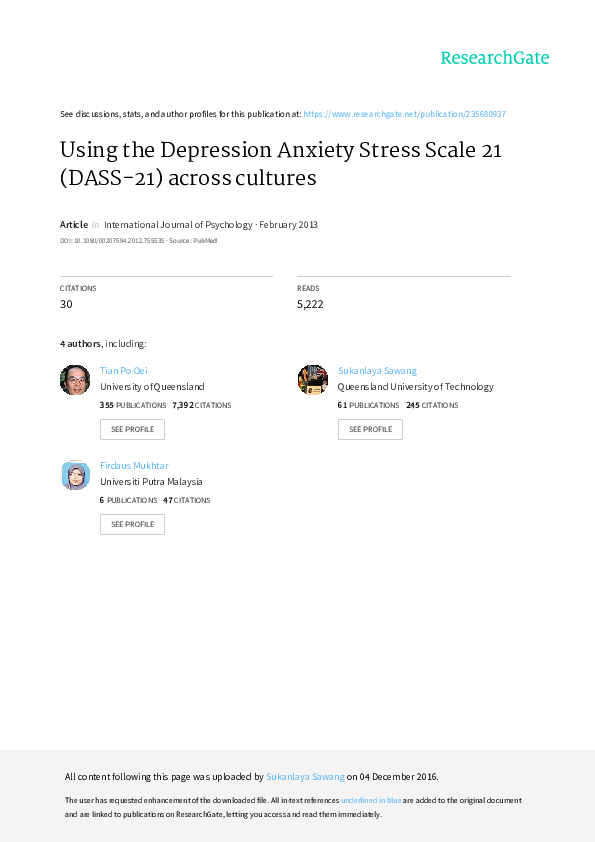 (PDF) Using the Depression Anxiety Stress Scale 21 (DASS‐21) across ...