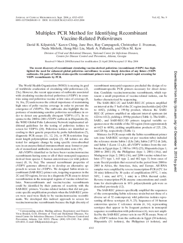 (PDF) Multiplex PCR Method for Identifying Recombinant Vaccine-Related Polioviruses | David ...