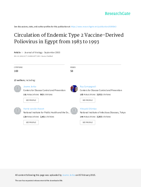 (PDF) Circulation of Endemic Type 2 Vaccine-Derived Poliovirus in Egypt ...