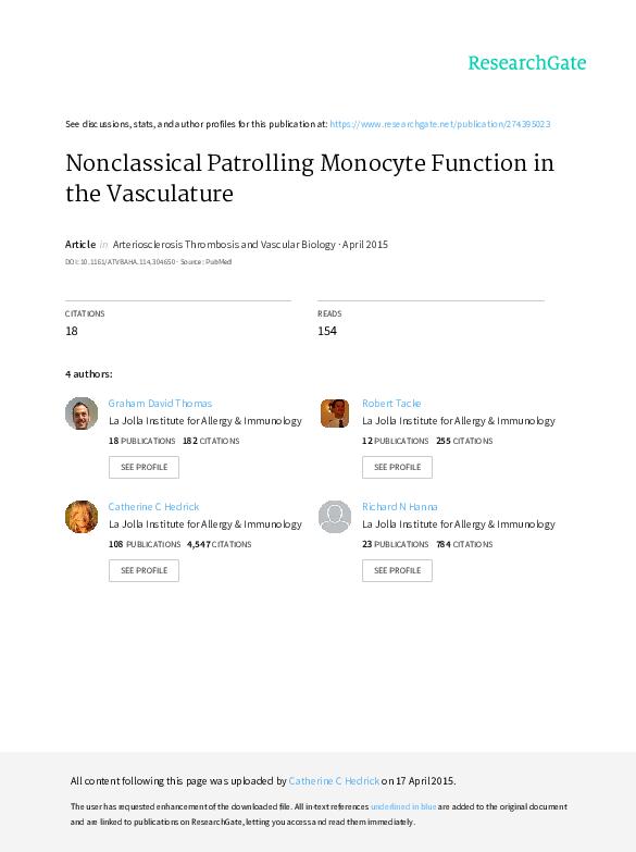 (PDF) Nonclassical Patrolling Monocyte Function in the Vasculature ...