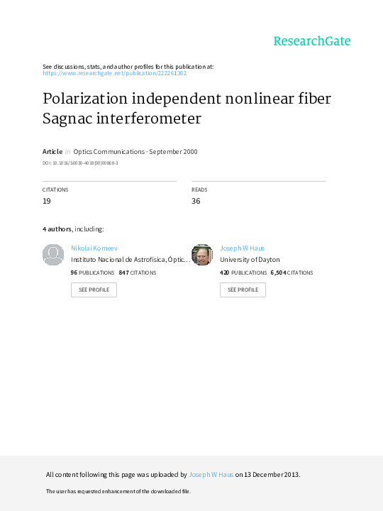(PDF) Polarization independent nonlinear fiber sagnac inteferometer | Joseph Haus - Academia.edu