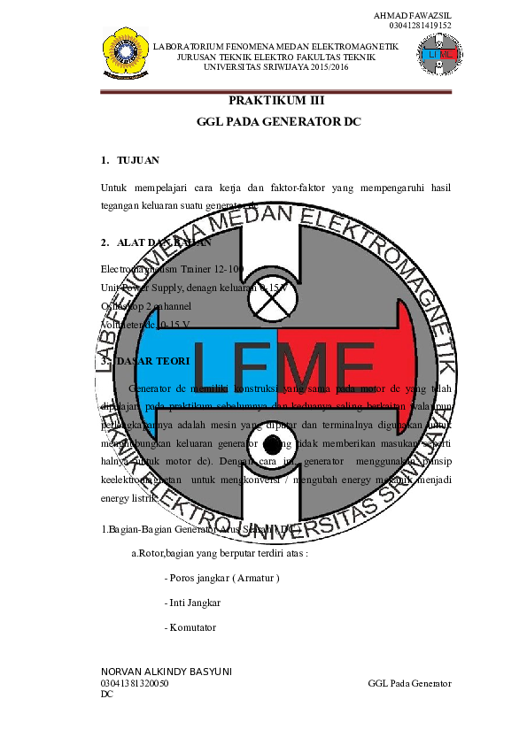 (DOC) PRAKTIKUM III GGL PADA GENERATOR DC
