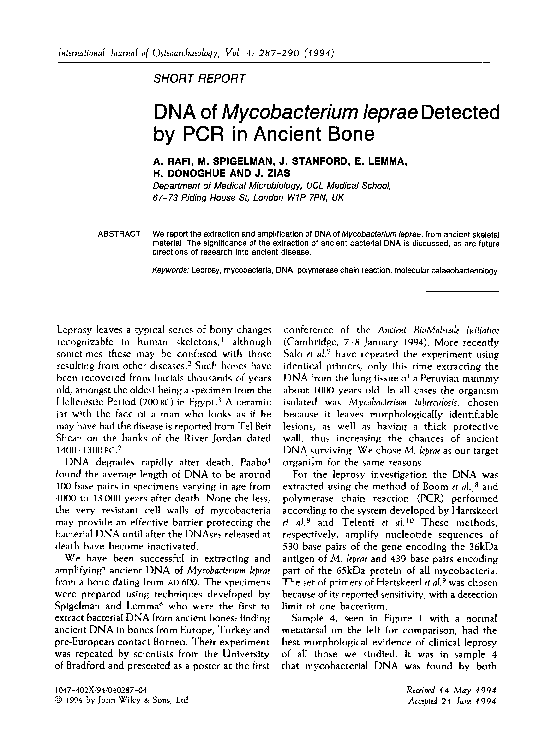 (PDF) DNA of Mycobacterium leprae Detected by PCR in Ancient Bone