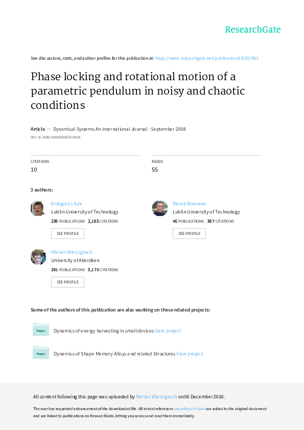 (PDF) Phase locking and rotational motion of a parametric pendulum in noisy and chaotic conditions