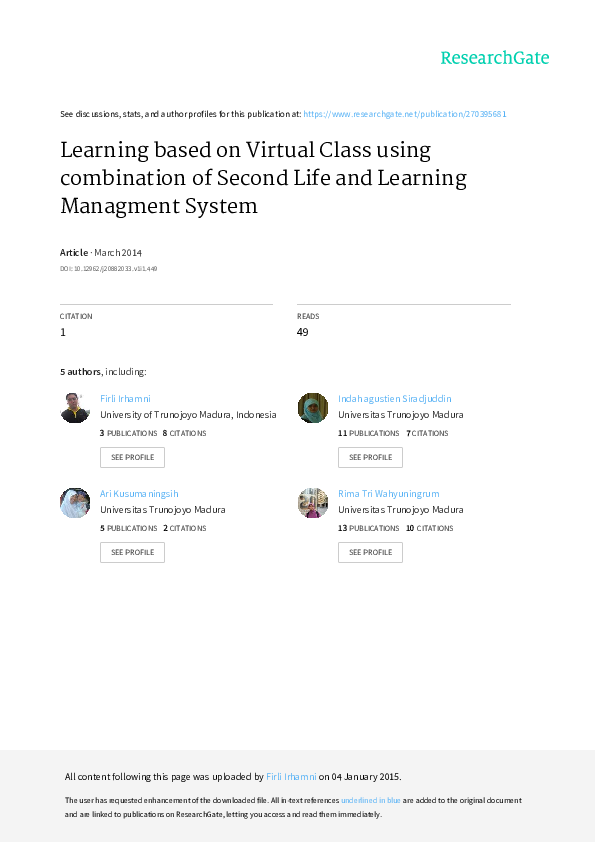 (PDF) Learning based on Virtual Class using combination of Second Life ...