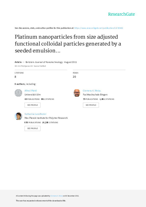 (PDF) Platinum nanoparticles from size adjusted functional colloidal ...