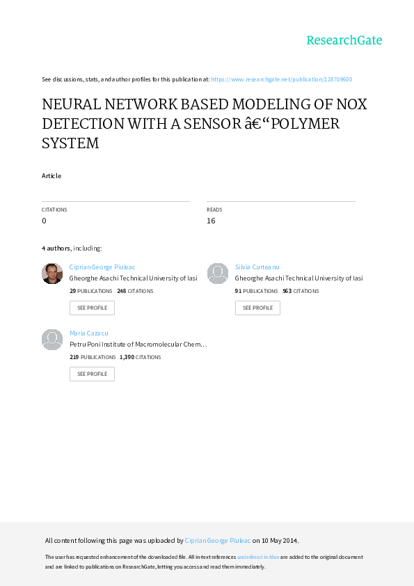 (PDF) NEURAL NETWORK BASED MODELING OF NOX DETECTION WITH A SENSOR â€“POLYMER SYSTEM