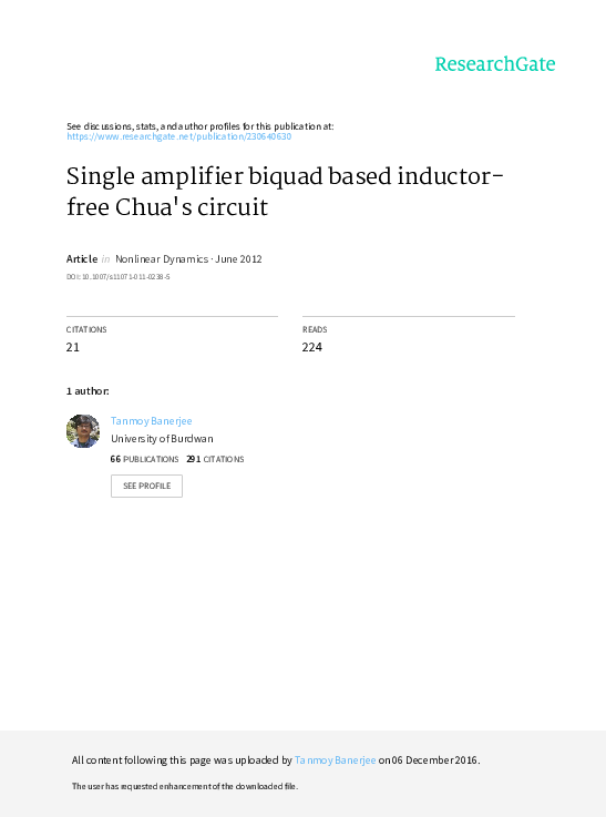 (PDF) Single amplifier biquad based inductor-free Chua's circuit