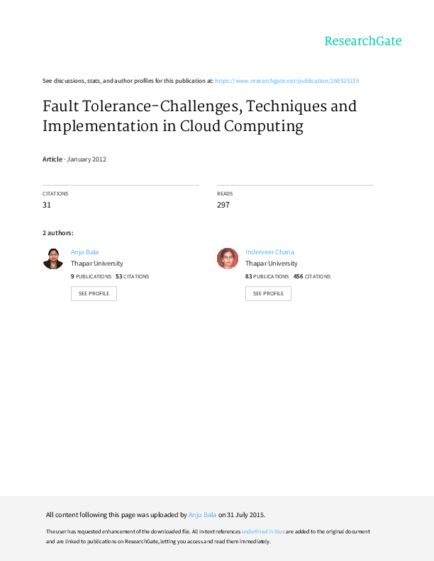Pdf Fault Tolerance Challenges Techniques And Implementation In Cloud Computing