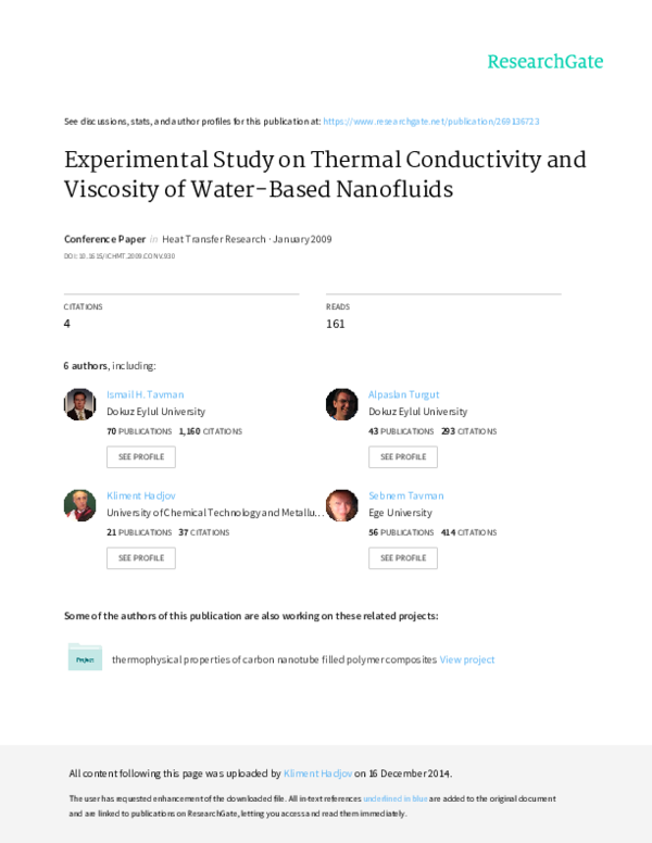 (PDF) Experimental study on thermal conductivity and viscosity of water based nanofluids