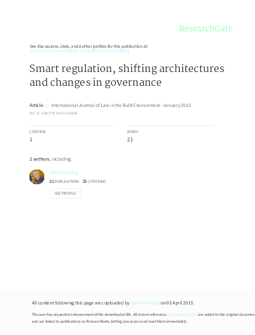 (PDF) Smart regulation, shifting architectures and changes in governance