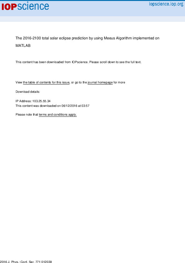 (PDF) The 2016-2100 total solar eclipse prediction by using Meeus Algorithm implemented on MATLAB