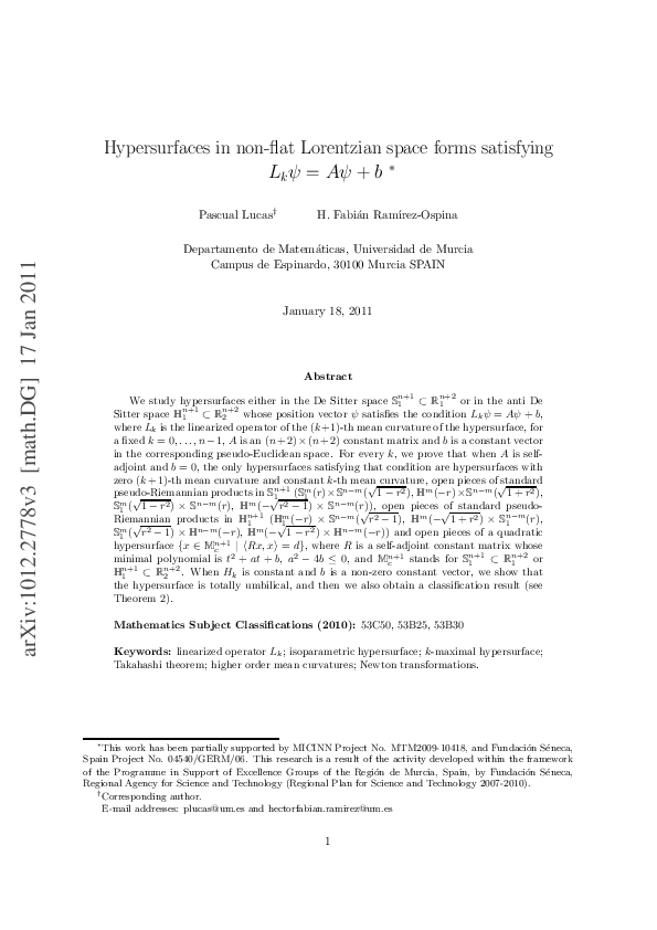 (PDF) Hypersurfaces in non-flat Lorentzian space forms satisfying $L_k\psi=A\psi+b$