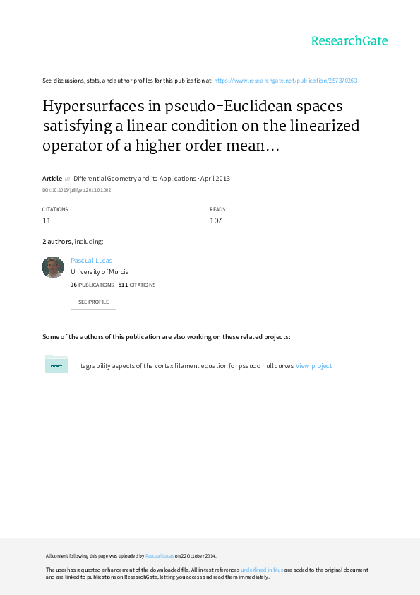 Pdf Hypersurfaces In Pseudo Euclidean Spaces Satisfying A Linear Condition On The Linearized