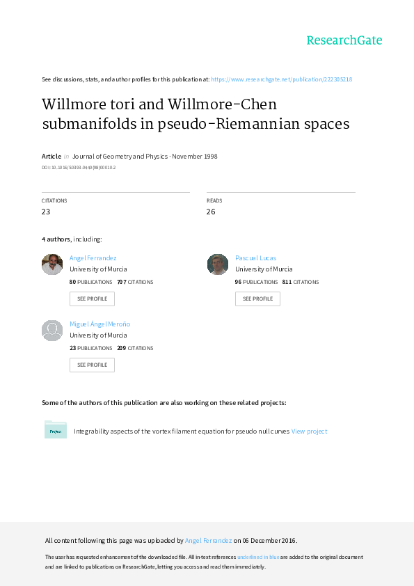 Pdf Willmore Tori And Willmore Chen Submanifolds In Pseudo Riemannian Spaces
