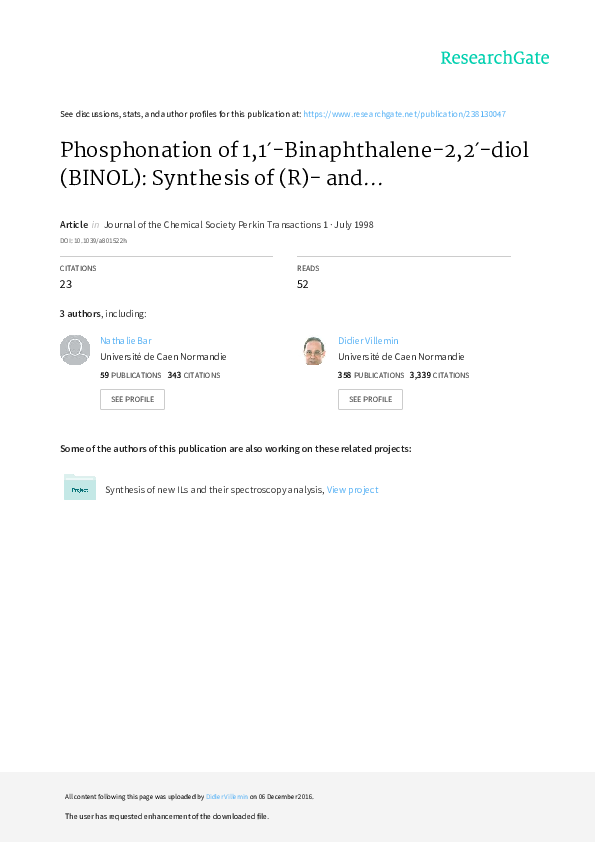 (PDF) Phosphonation of 1,1′-binaphthalene-2,2′-diol (BINOL): synthesis of (R)- and (S )-2,2 ...