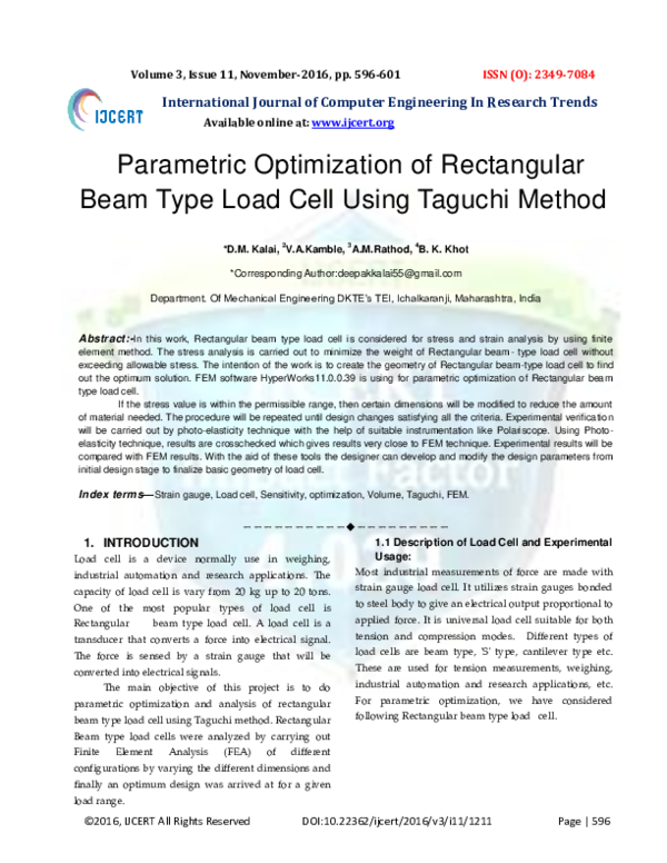 Pdf Parametric Optimization Of Rectangular Beam Type Load Cell Using