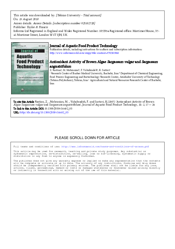 (PDF) Antioxidant Activity of Brown Algae Sargassum vulgar and Sargassum angustrifolum