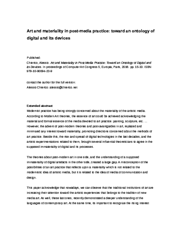 (PDF) Art and materiality in post-media practice: toward an ontology of ...